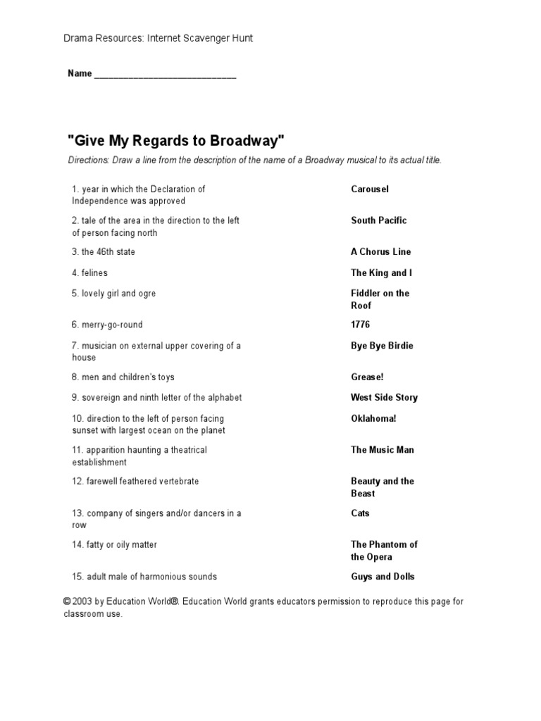 Broadway Musical Internet Scavenger Hunt | PDF | Performing Arts ...