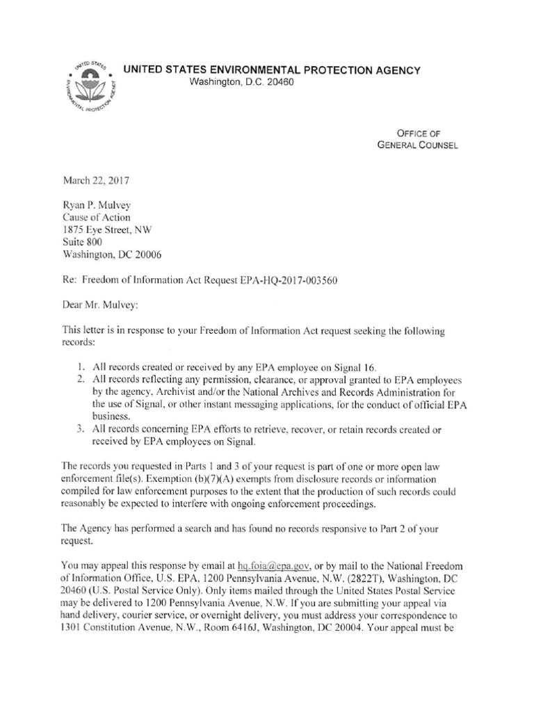 EPA Response to FOIA on Use of Encrypted Messaging by Employees