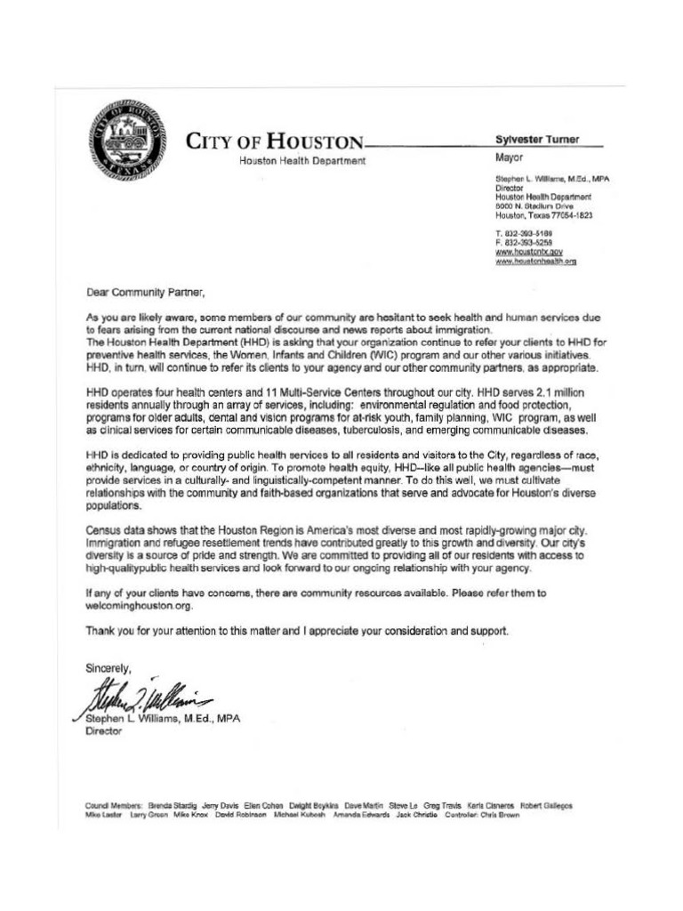 Letter from the Houston Health Department to community partners on ...