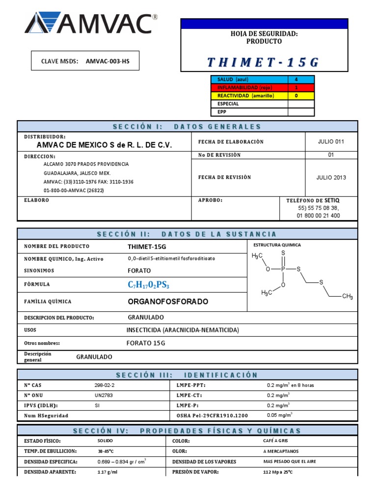 Product Safety Data Sheet: Thimet-15G Granular Insecticide | PDF ...