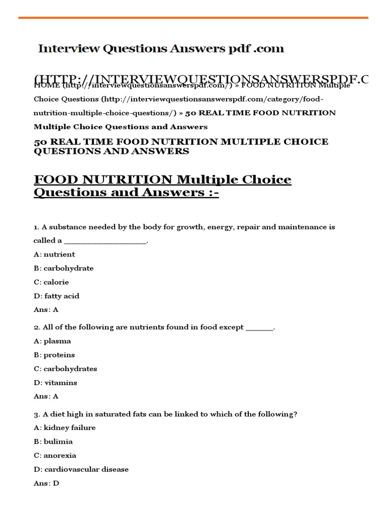 50 REAL TIME FOOD NUTRITION Multiple Choice Questions and Answers 2017 ...