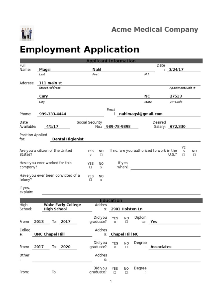 Employment Application: Acme Medical Company | PDF | Dentistry ...