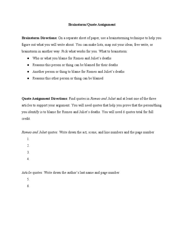 Brainstorm/Quote Assignment: Romeo and Juliet | PDF | Social Science ...