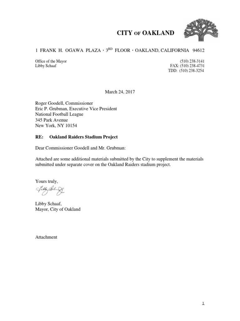 Mayor Schaaf's Letter To NFL and Attachments | PDF