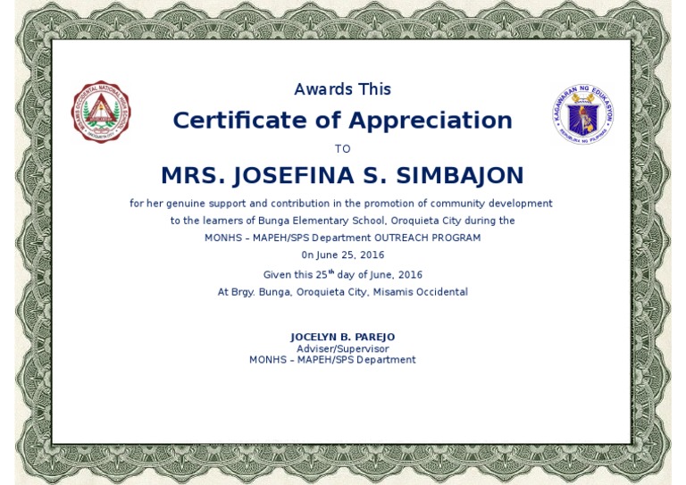 Certificate of Appreciation for Outreach | PDF