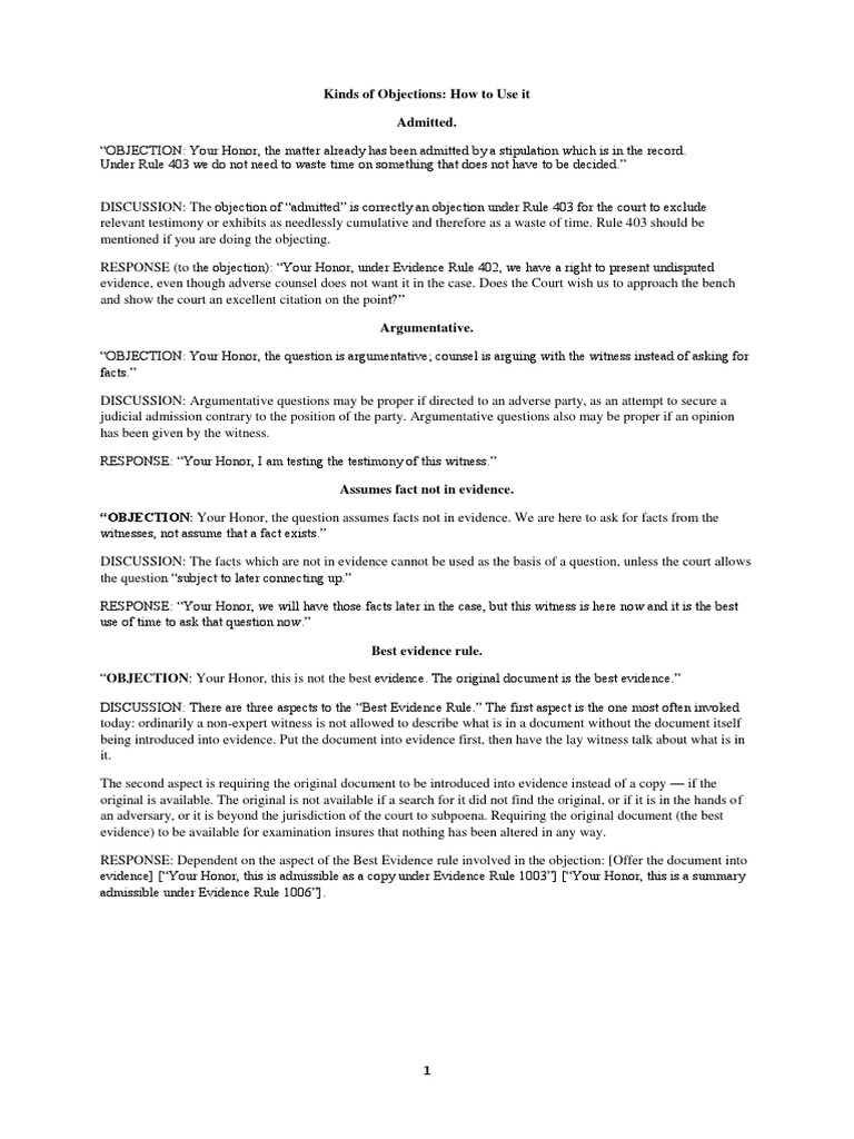 Types of Court Objections Explained | PDF | Evidence (Law) | Witness