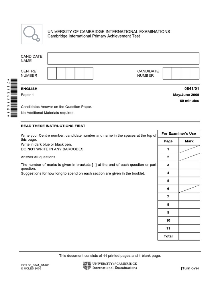 Cambridge Primary Achievement Test English Paper 1 May/June 2009 | PDF ...
