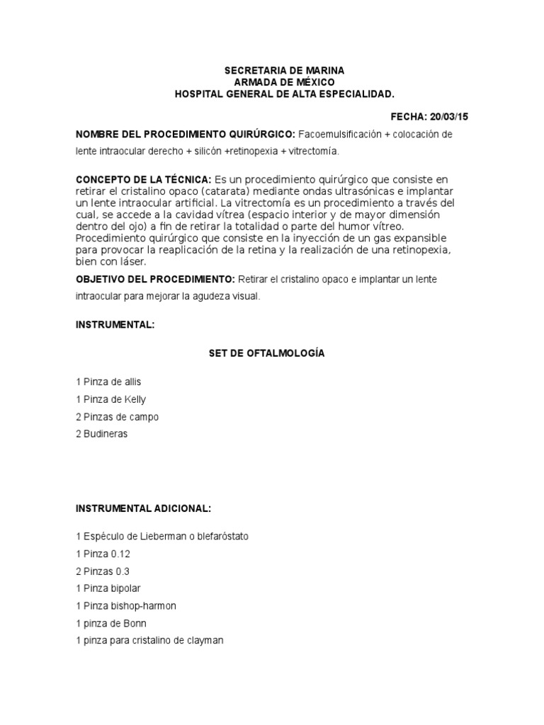Tecnica Faco+lio+vitrectomia+retinopexia | PDF | Catarata | Oftalmología