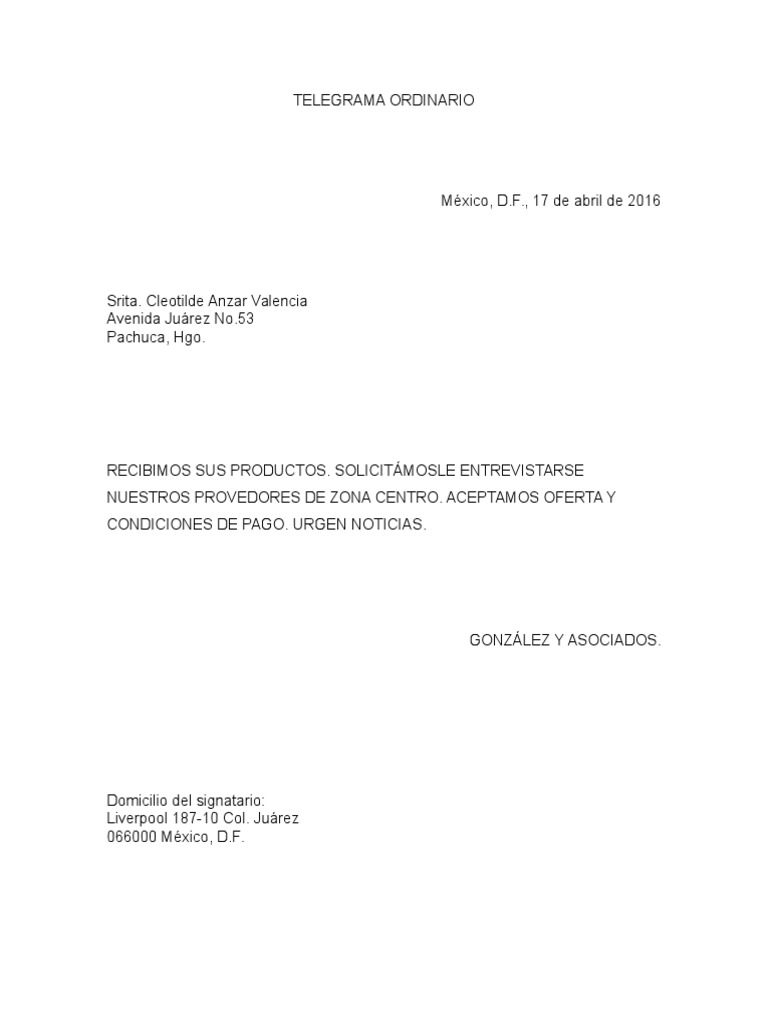 Ejemplo de Telegrama Ordinario | PDF