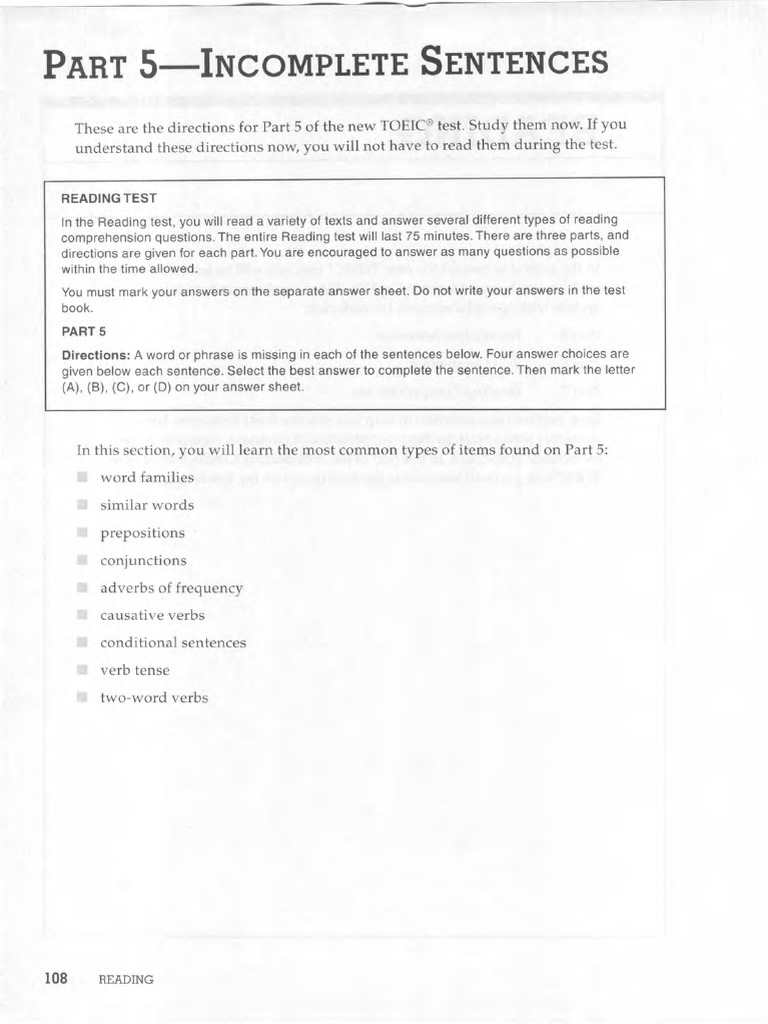 Part 5 - Incomplete Sentences | Verb | Adjective