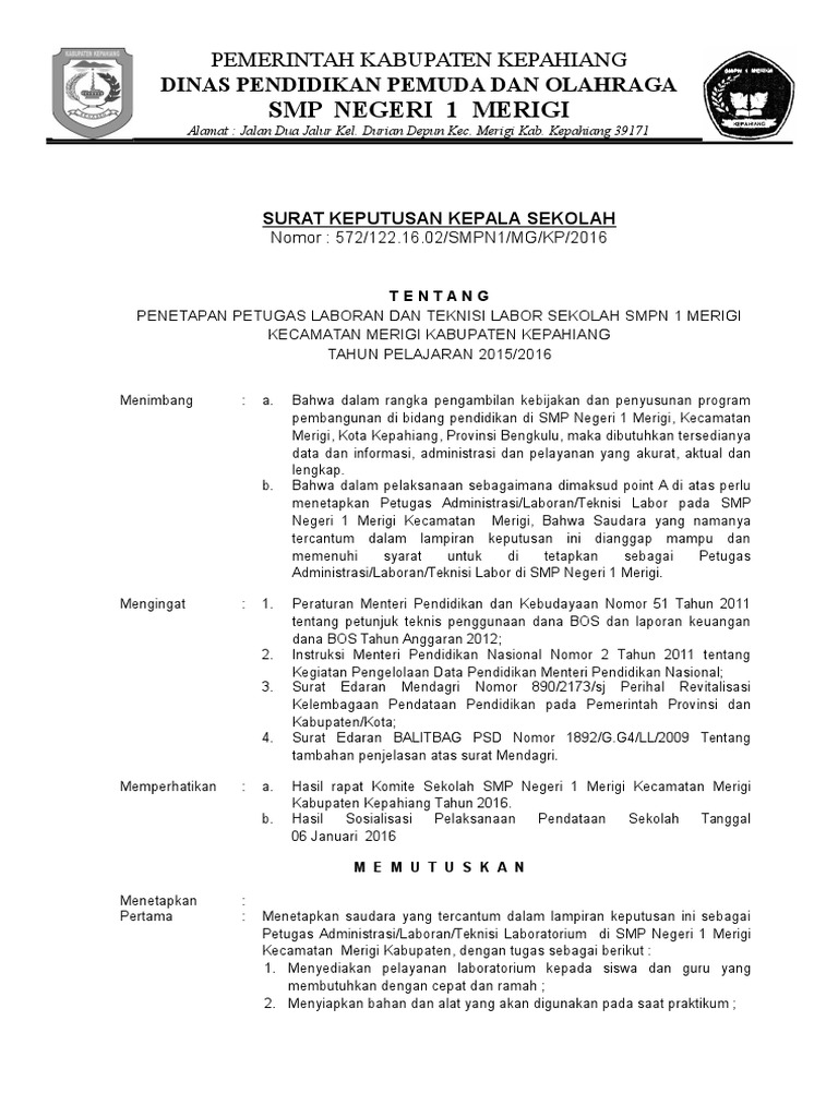 SK Petugas Laboran SMP Negeri 1 Merigi | PDF