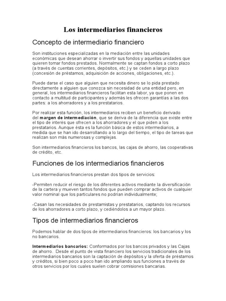 Tipos y funciones de intermediarios financieros | PDF | Bancos ...