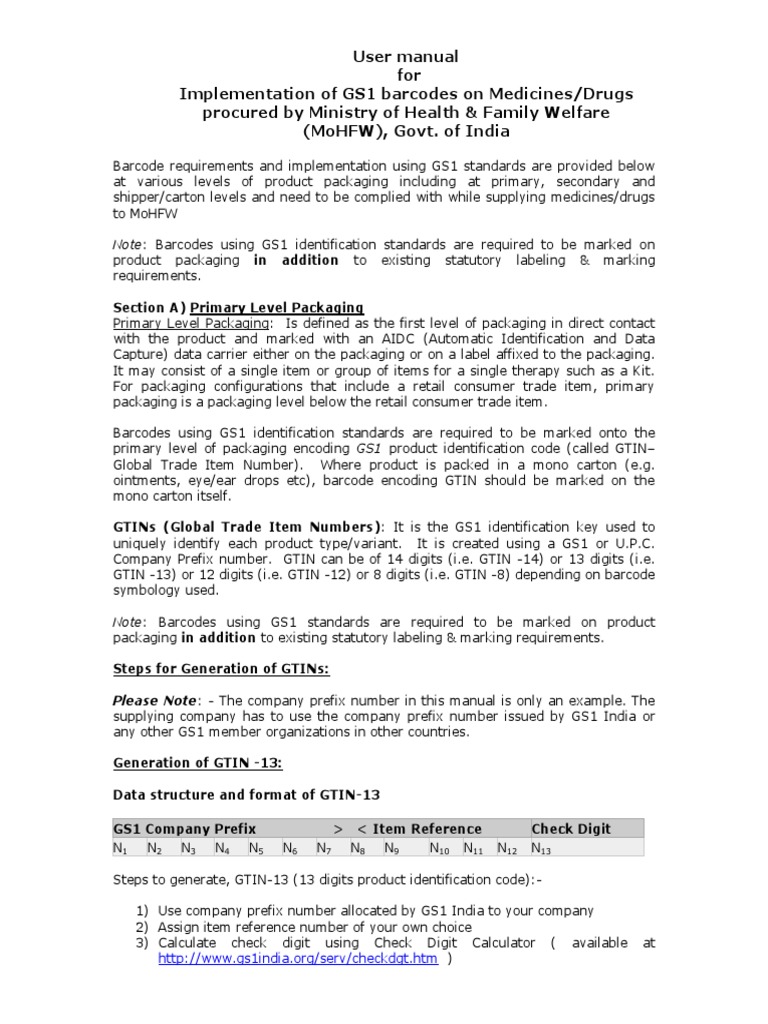 User Manual For Implementation of GS1 Barcodes On Medicines-Drugs | PDF ...