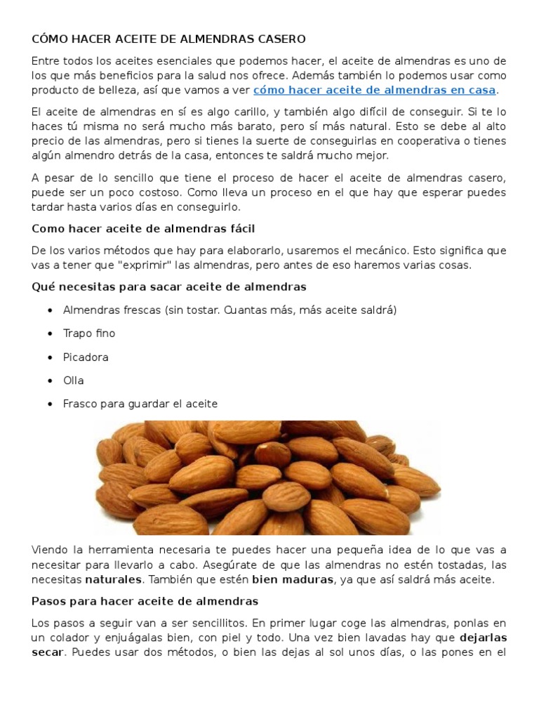 Cómo Hacer Aceite de Almendras Casero | PDF | Petróleo | Ocio Cómo Hacer Aceite de Almendras Casero | PDF | Petróleo | Ocio