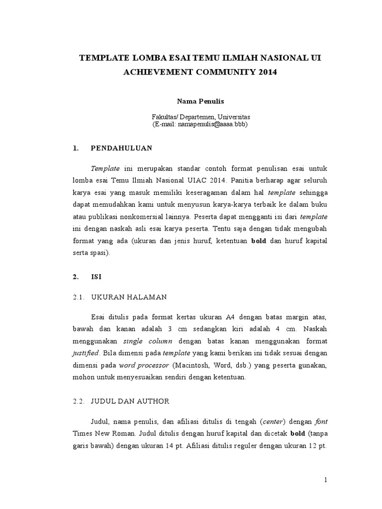Template Lomba Esai Temu Ilmiah UIAC | PDF | Seni & Disiplin Bahasa