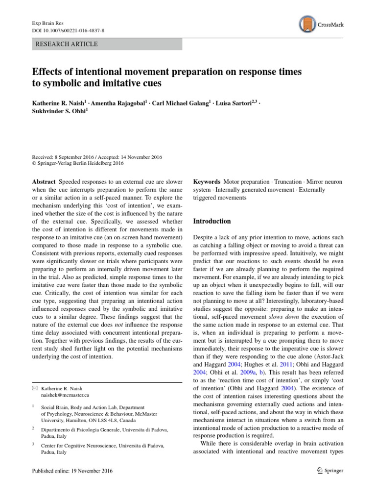 Effects of Intentional Movement Preparation On Response Times To ...