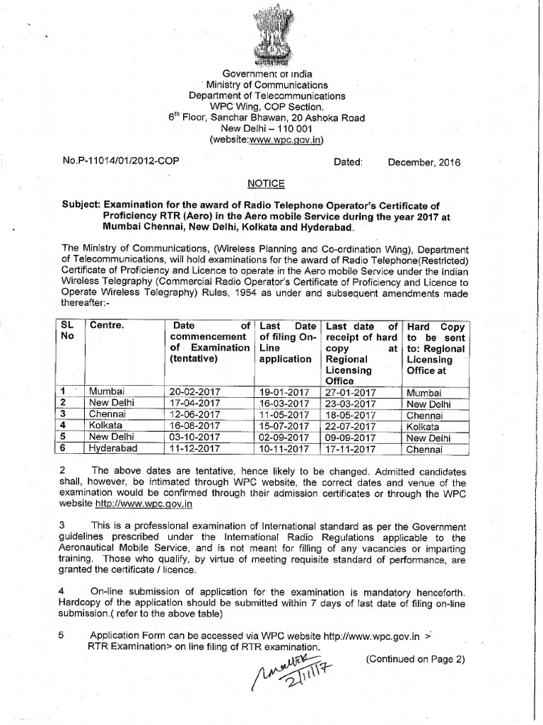 Schedule of RTR (Aero) Examination For Year 2017 PDF | PDF