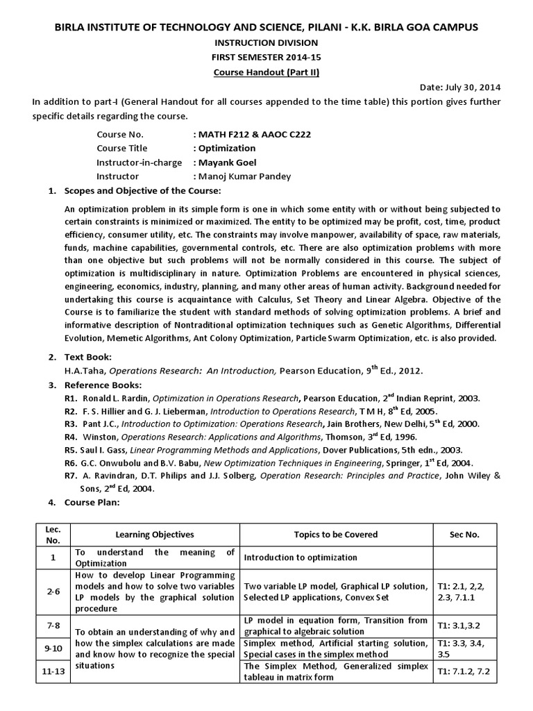 Handout OPTIMIZATION PDF | PDF | Mathematical Optimization | Linear Programming