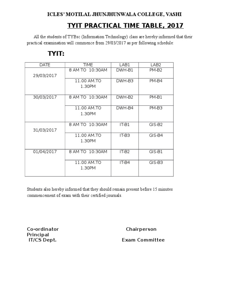 TYIT Practical Exam Schedule 2017 | PDF