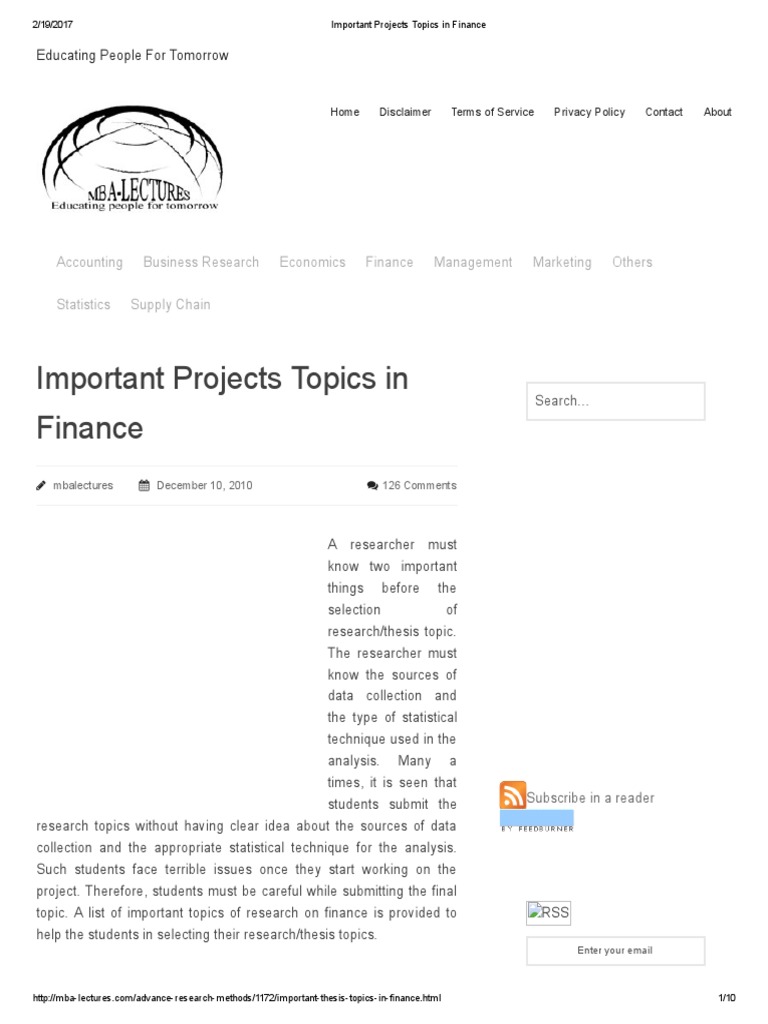 Important Projects Topics in Finance | PDF | Stocks | Microfinance