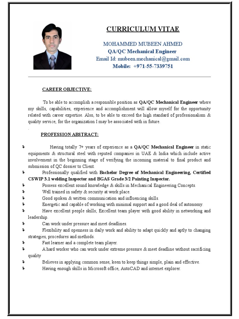 Mubeen Ahmed CV | PDF | Quality Assurance | Metal Fabrication