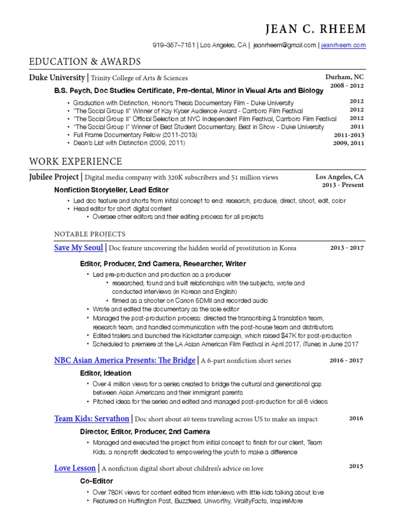 Jean Rheem's Resume | PDF | Documentary Film | Leisure