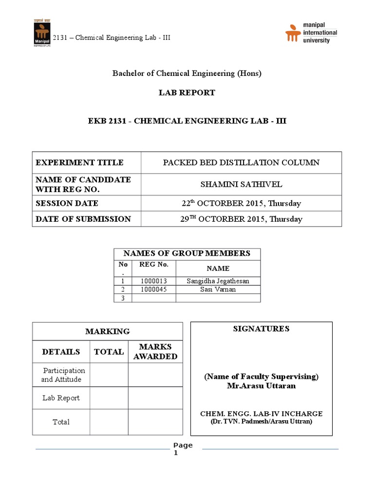 Packed Bed Distillation Column Lab Report | PDF | Distillation | Gases