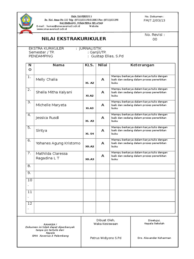 Form Dasar Nilai Ekskul | PDF