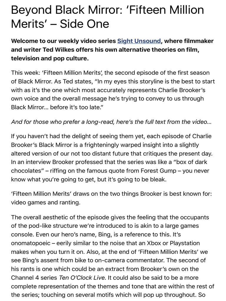 Wilkes, 'Fifteen Million Merits' - Side One - Sight Unsound | PDF