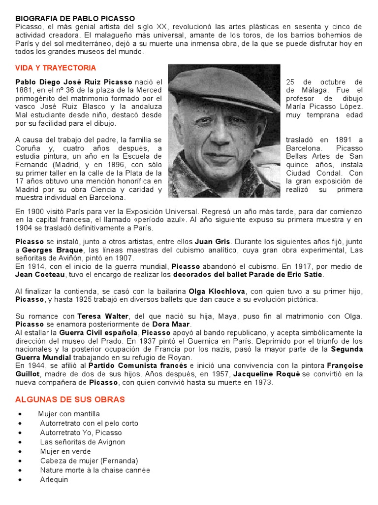 Biografia De Pablo Picasso Pdf Pablo Picasso Artes Plásticas
