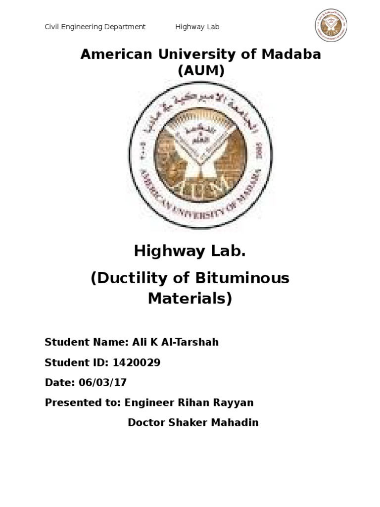 American University of Madaba (AUM) : Highway Lab. (Ductility of ...