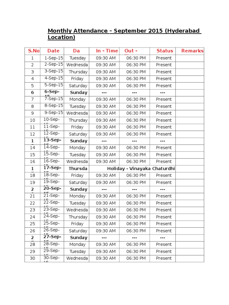 Attendance Sheet For September | PDF