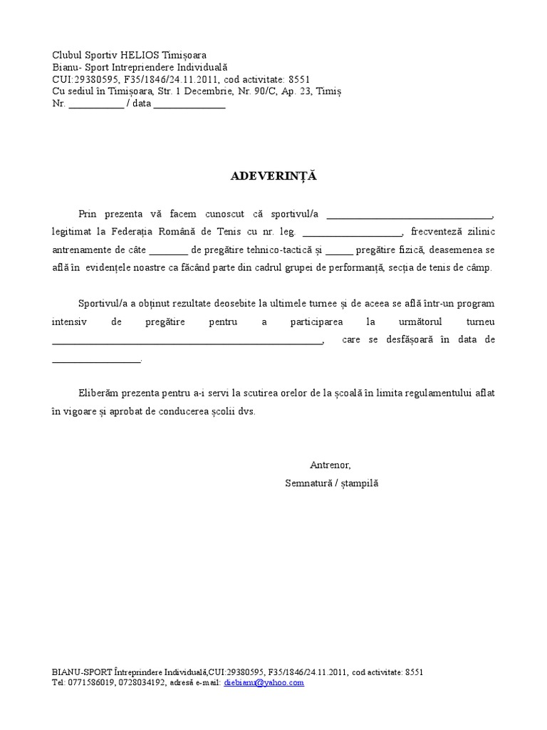 Adeverinta Sportivi de Performanta Ok