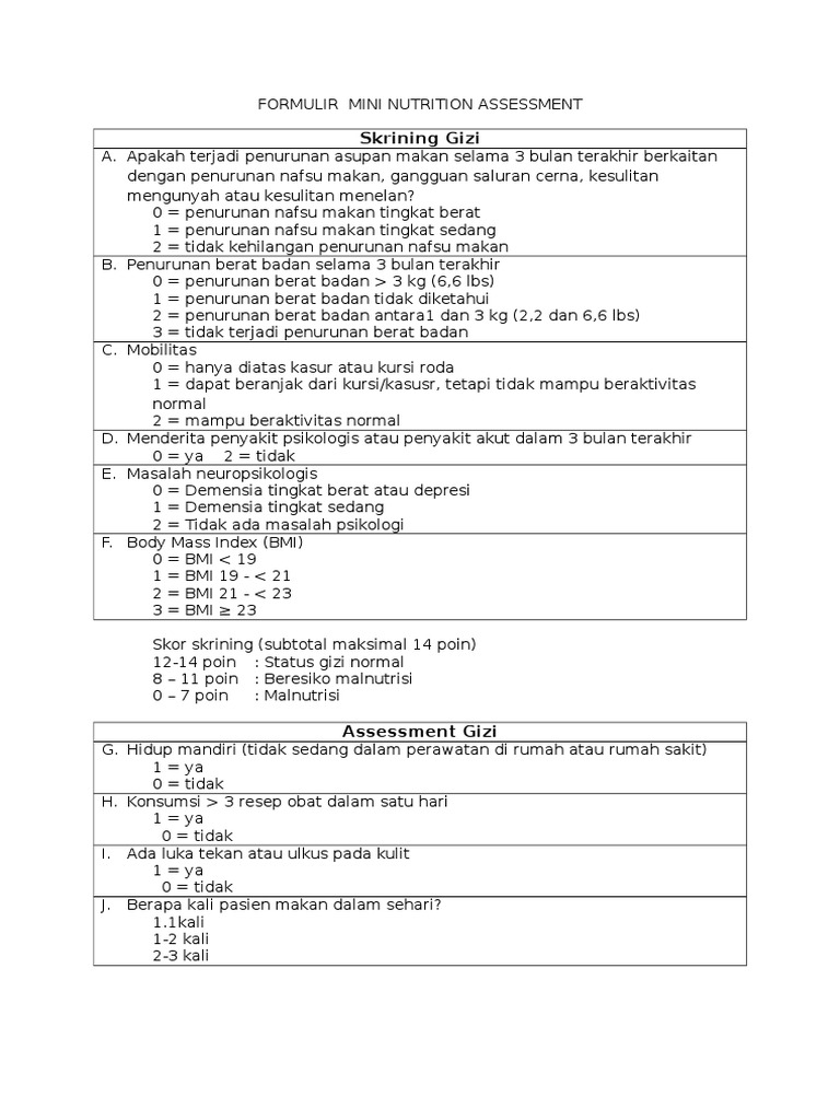 Formulir Penilaian Gizi Mini | PDF | Kesehatan Holistik