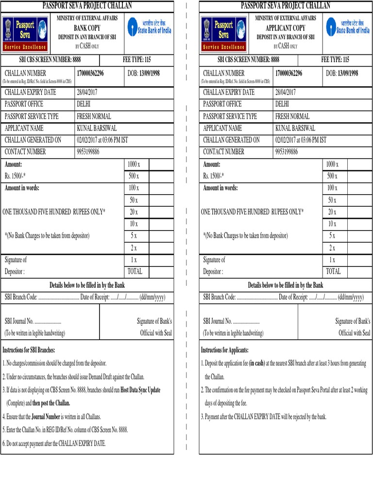 Instructions for Depositing Passport Application Fee via SBI Bank ...