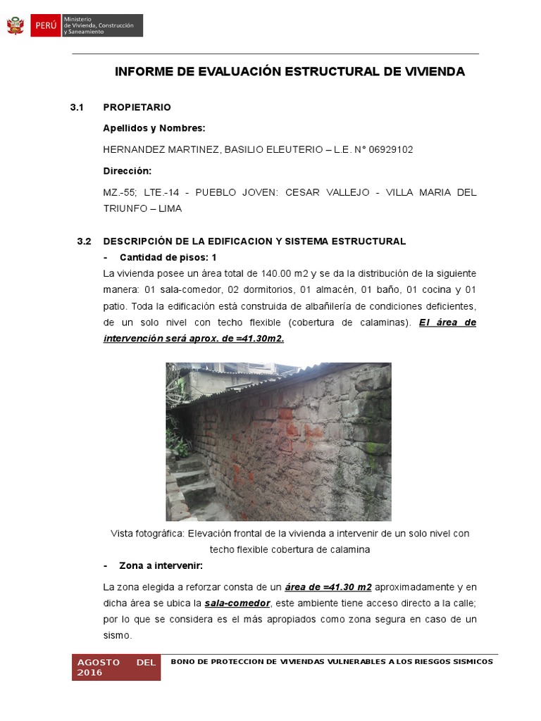 Informe de Evaluacion Estructural de Vivienda | PDF | Cemento ...