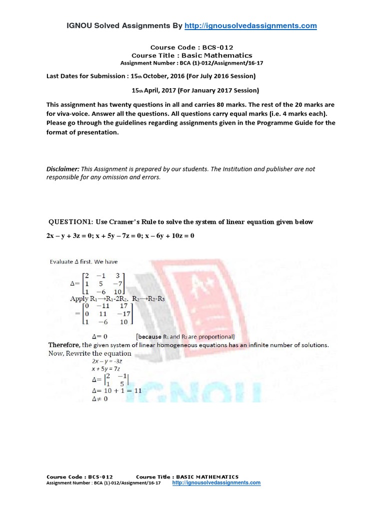 BCS-012 Basic Mathematics Solved Assignments 2016-17 | PDF | Algebra ...