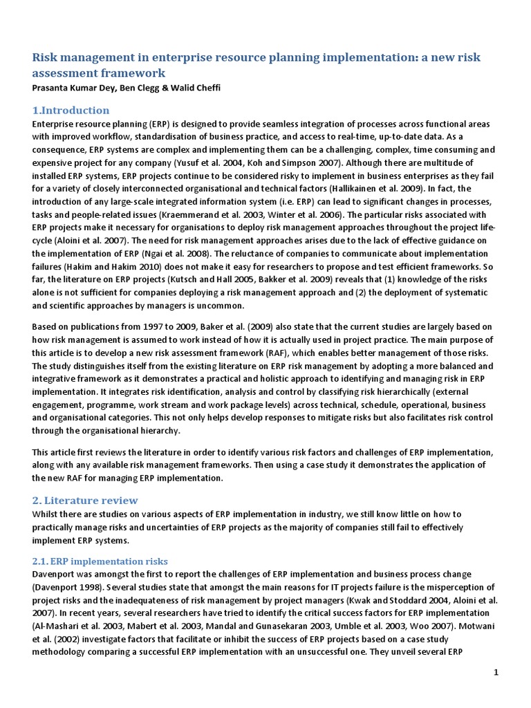 Risk Management in Enterprise Resource Planning Implementation | PDF ...