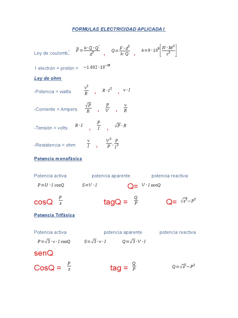 Formulas Electricidad Aplicada I | PDF | Energia electrica | Cantidades ...