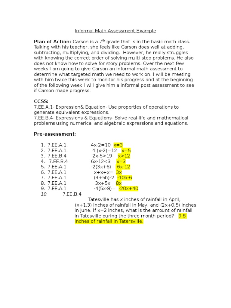 Informal Math Assessment for Carson | PDF | Teaching Mathematics ...