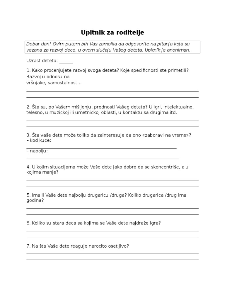 Upitnik Za Roditelje | PDF