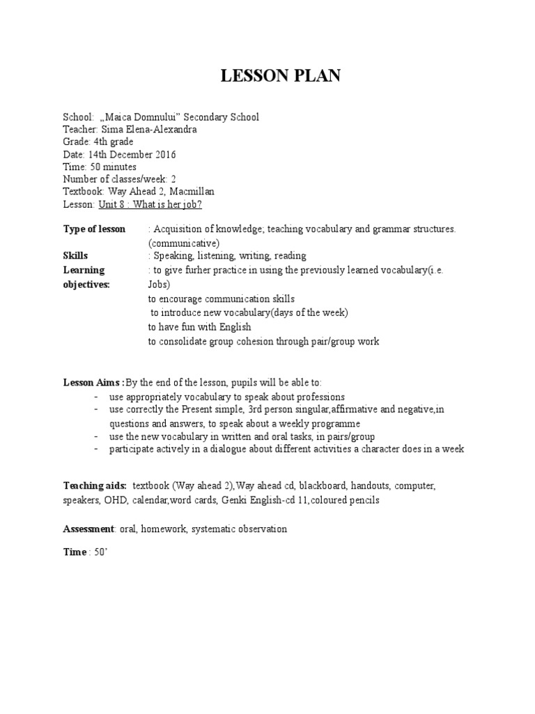 Grade 4 English Lesson Plan: Professions | PDF | Lesson Plan | Vocabulary