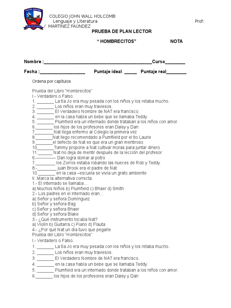 Prueba de Plan Lector Hombrecitos | PDF | Hombrecillos | Ocio
