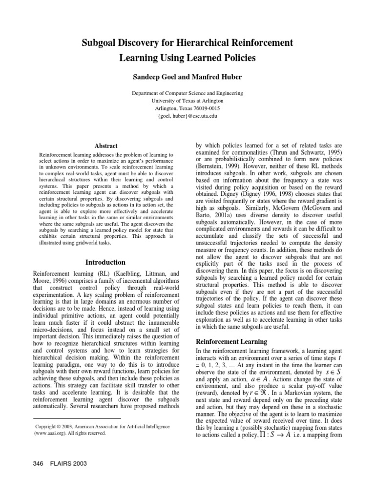 Subgoal Discovery For Hierarchical Reinforcement Learning Using Learned Policies | PDF ...