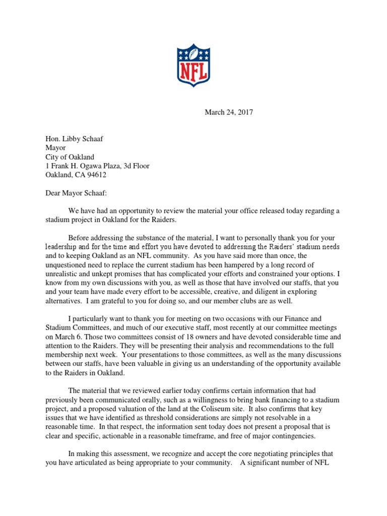 NFL's Letter To Oakland Mayor Libby Schaaf | PDF | Oakland Raiders | Sports