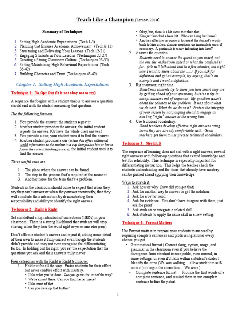 Teach Like A Champion Outline-Notes 1 | PDF | Reinforcement | Classroom
