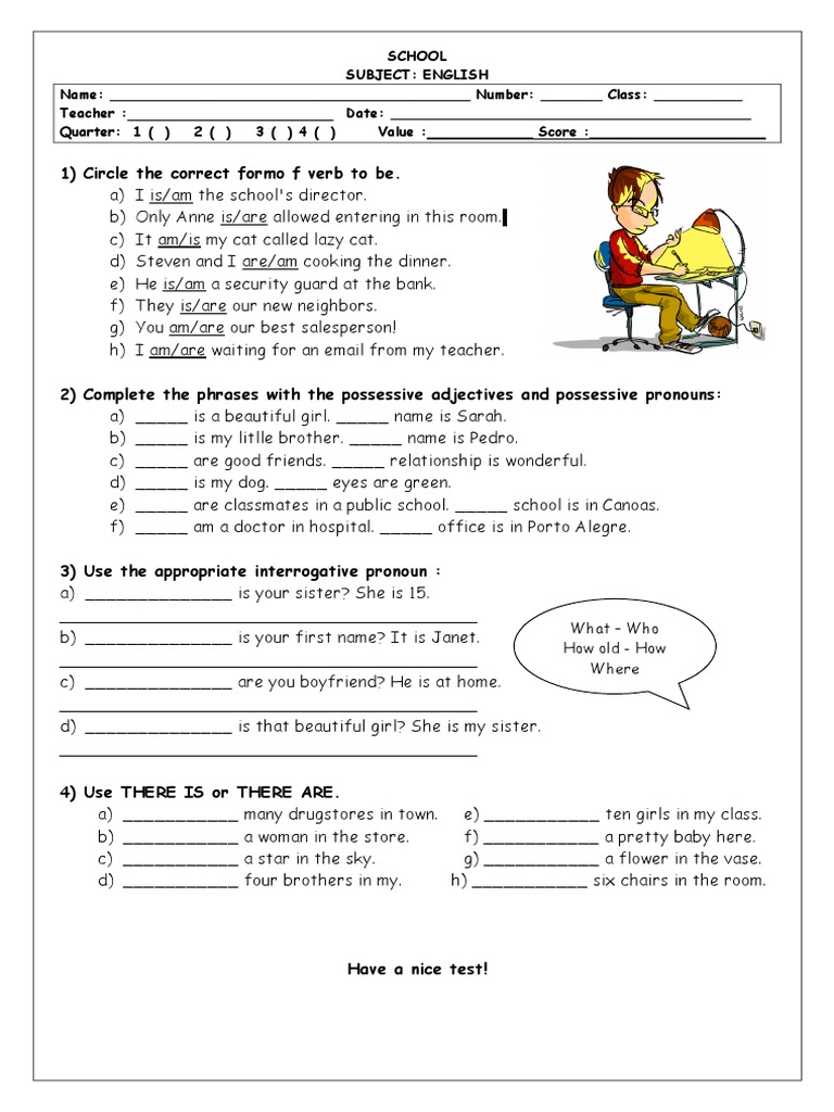 7th Grade Test. Verb To Be, There To Be, Possessive Adjective and ...