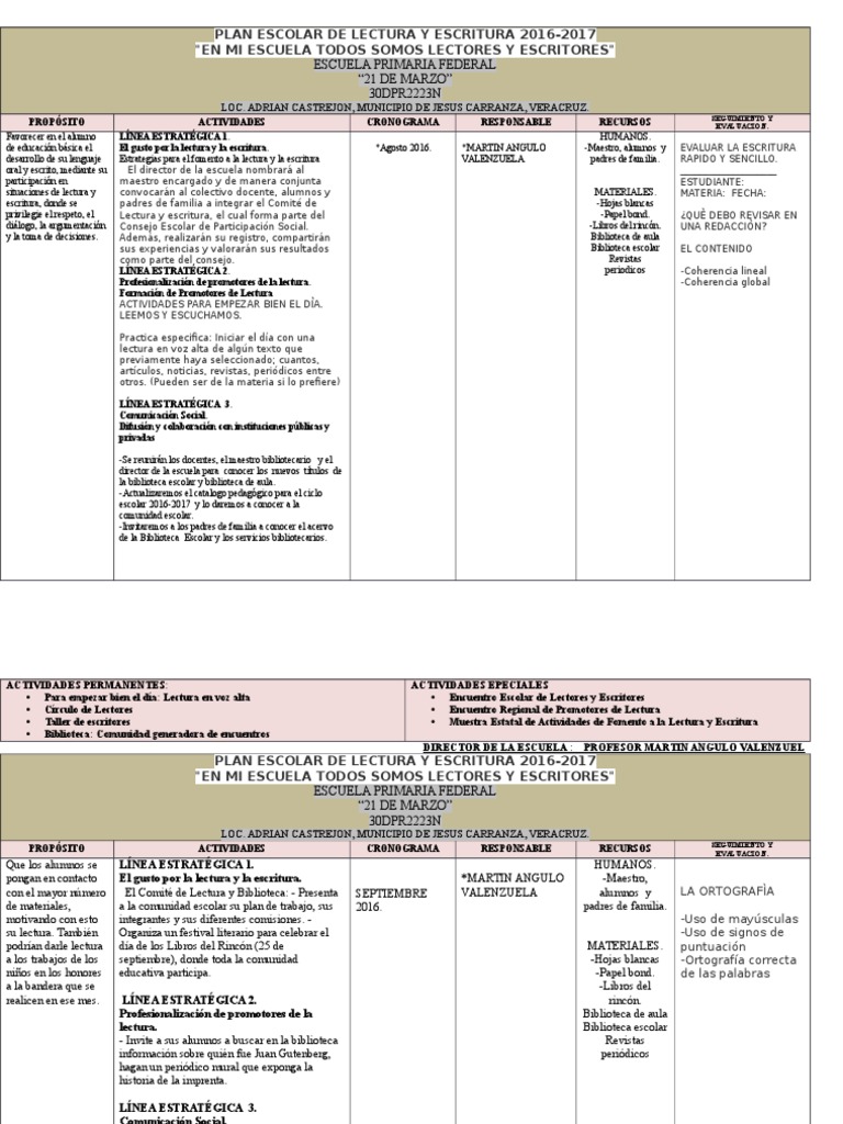 30dpr2223n Plan de Lectura y Escritura 2016-2017 | Lectura (proceso ...
