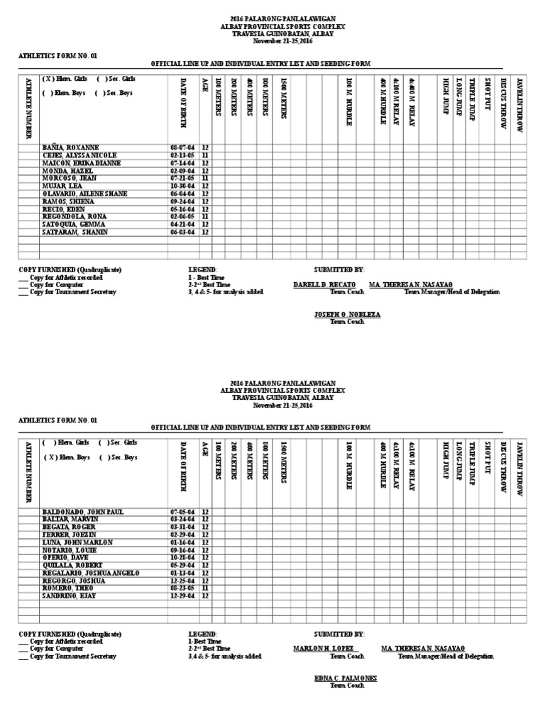 Athletics Entry and Seeding Form 2016 | PDF | Track And Field | Summer ...