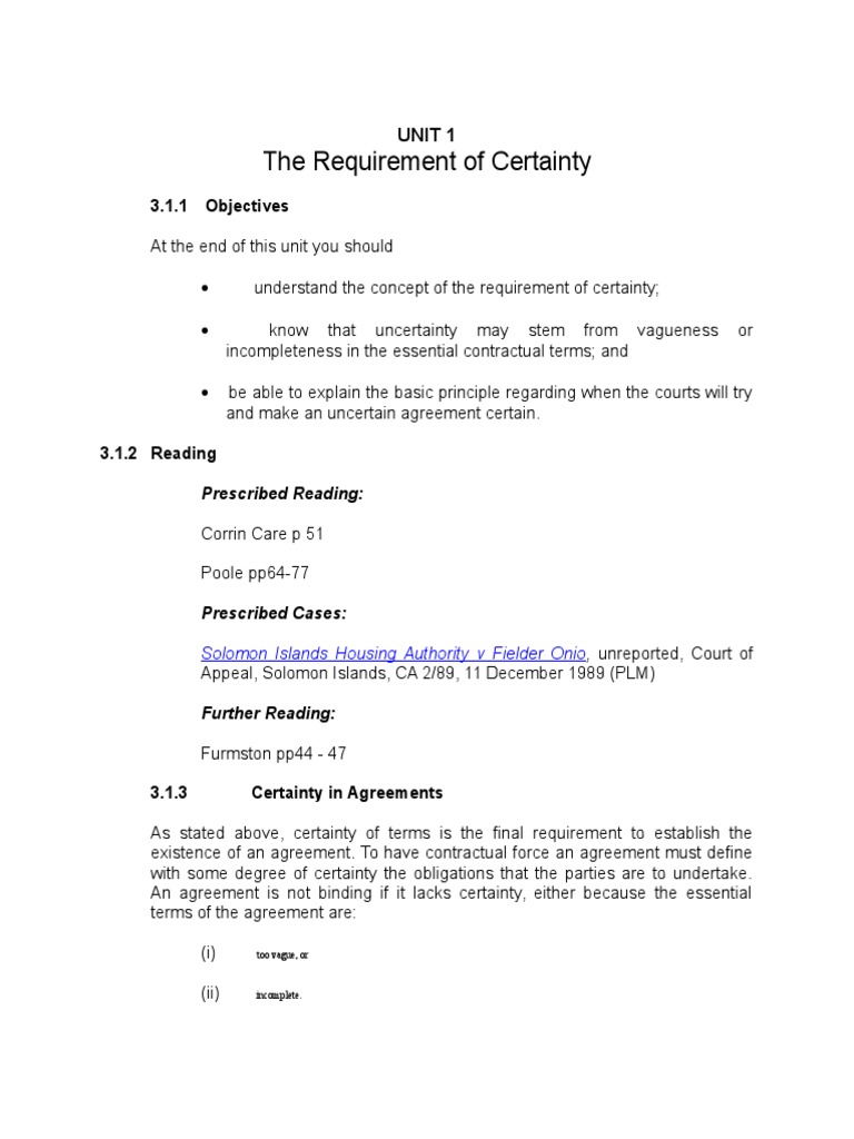 Unit 1 - The Requirement For Certainty | PDF | Contractual Term ...